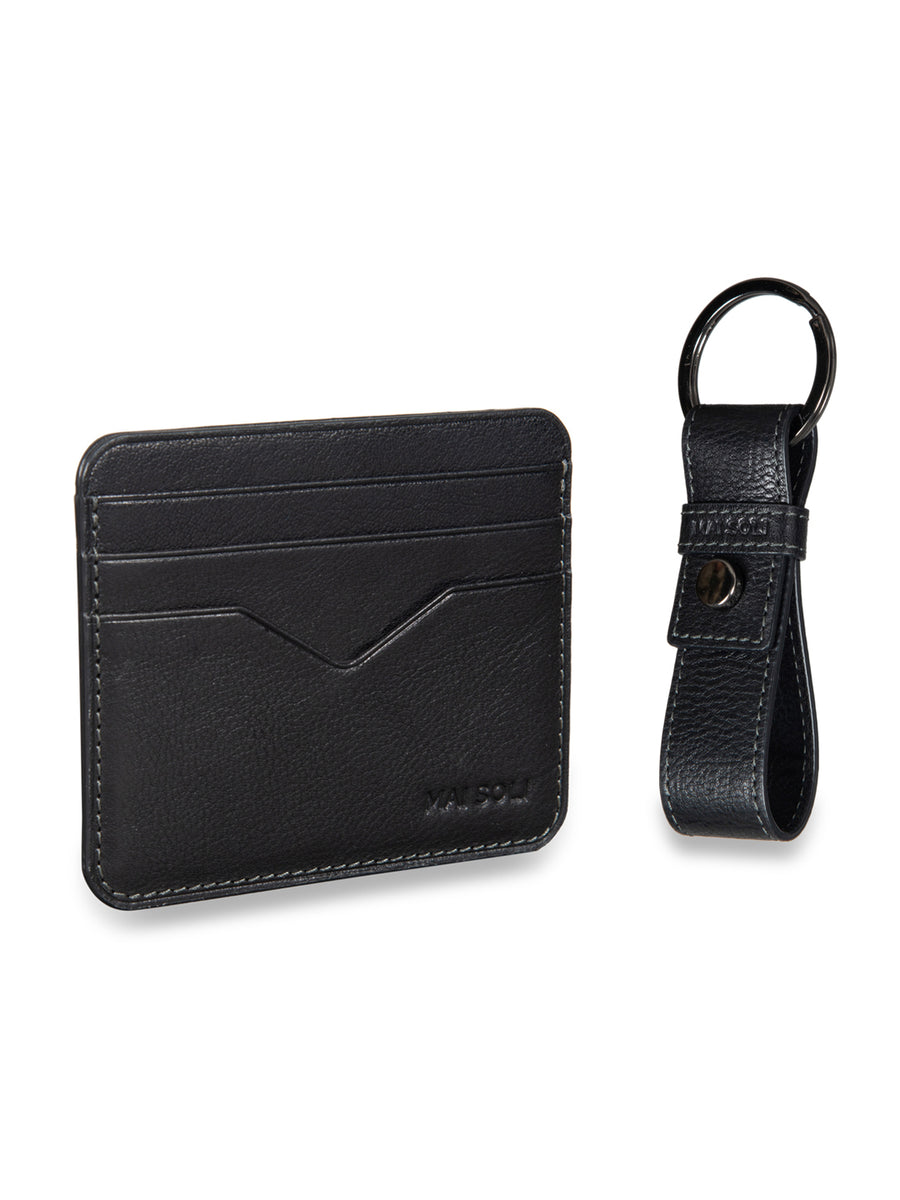 Leather Card Holder + Leather Key Ring Gift set - Black – Mai Soli